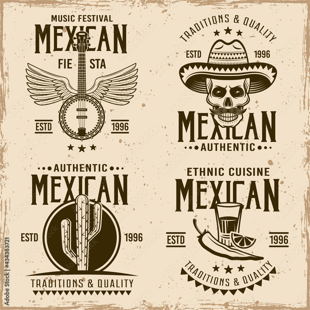 Mexican set of four vector emblems, labels, badges or logos in vintage ...