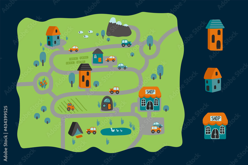Cartoon city map. Children's poster in the children's room or carpet ...