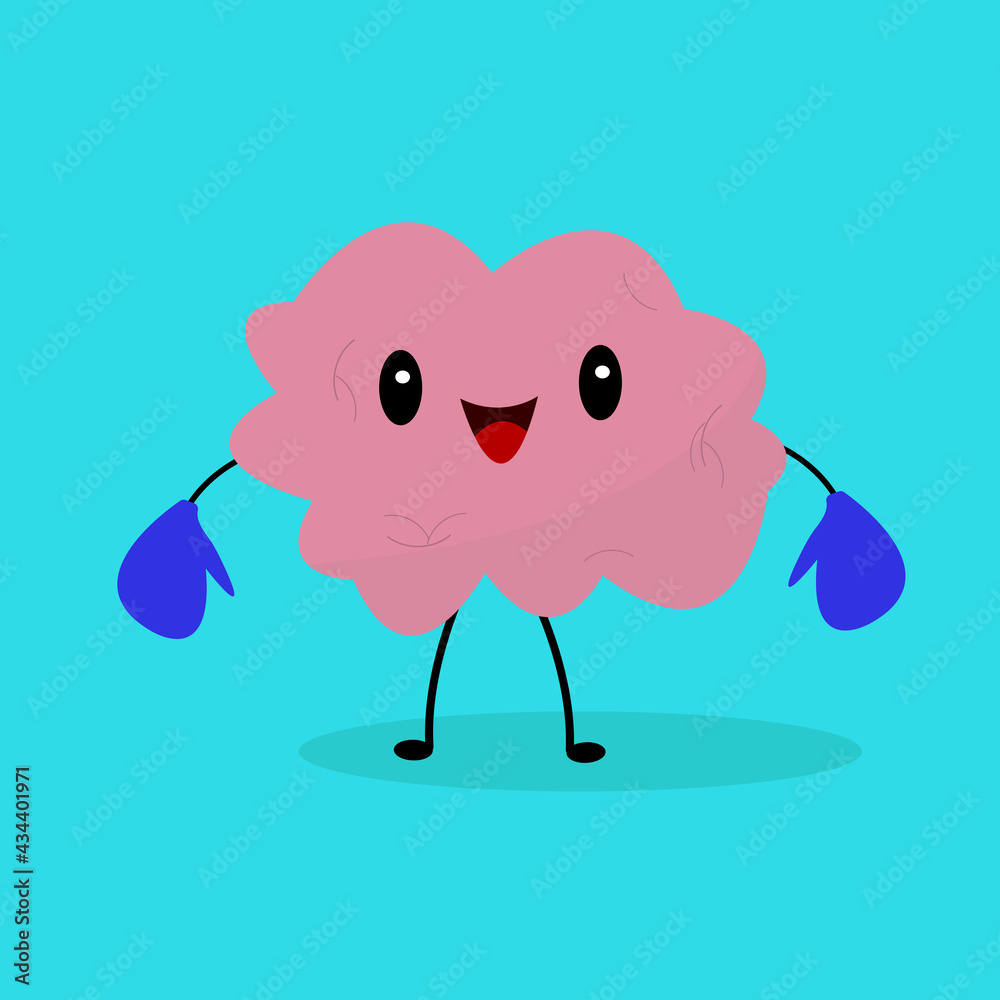 human brain funny cartoon character posing wearing blue boxing gloves ...