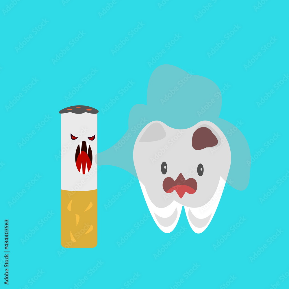 angry monster cigarette blows poisonous smoke onto a scared tooth with ...