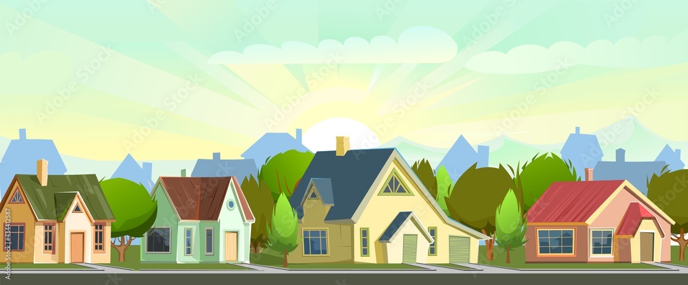 Street with houses in a small rural town. The lights of a sun. Cartoon ...