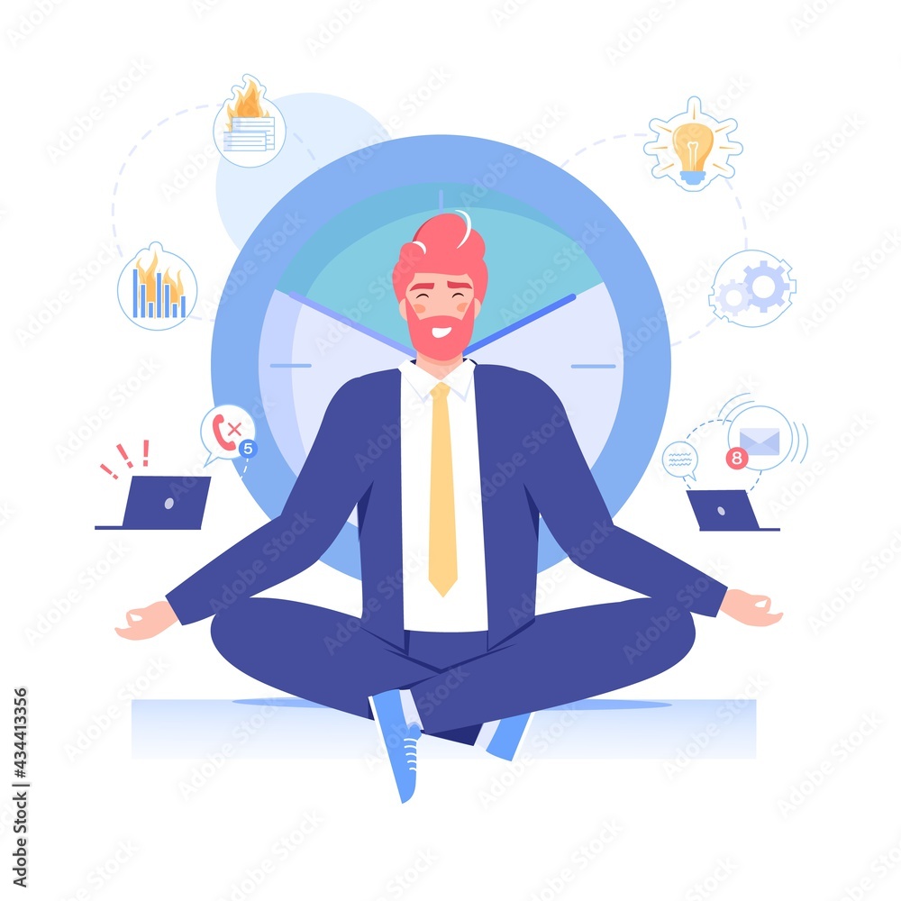 Vector cartoon flat office worker character,big clock,different tasks ...