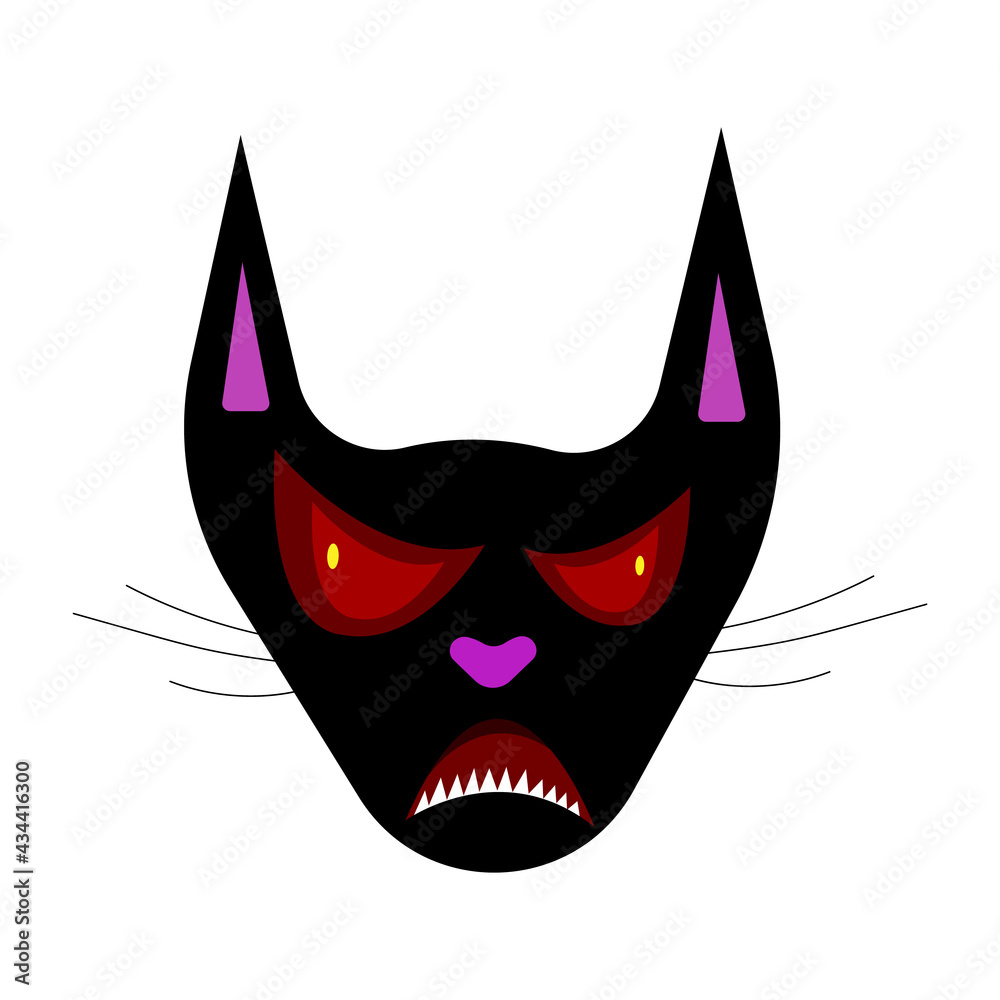 muzzle of an angry black cat with sharp teeth and big red eyes on a ...
