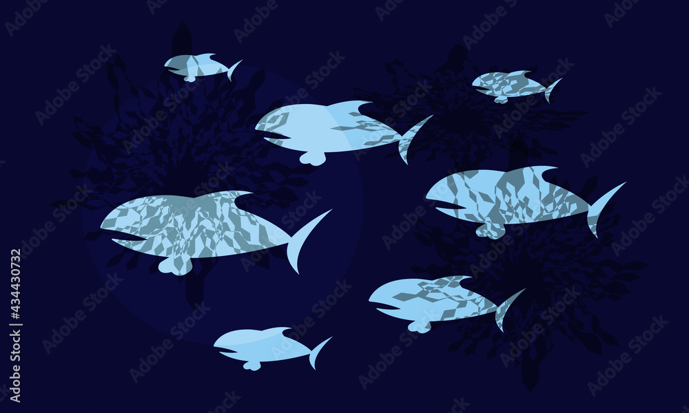 fish swimming in the depth in dark water creative patterns in the style ...