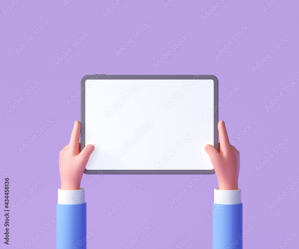 3D Cartoon hand holding tablet isolated on purple background, Hand ...