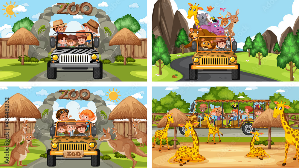 Four different zoo scenes with kids and animals Stock Vector | Adobe Stock