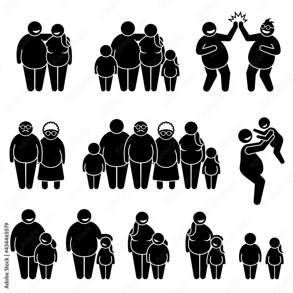 Vetor de Family of fat obese overweight people standing together stick ...