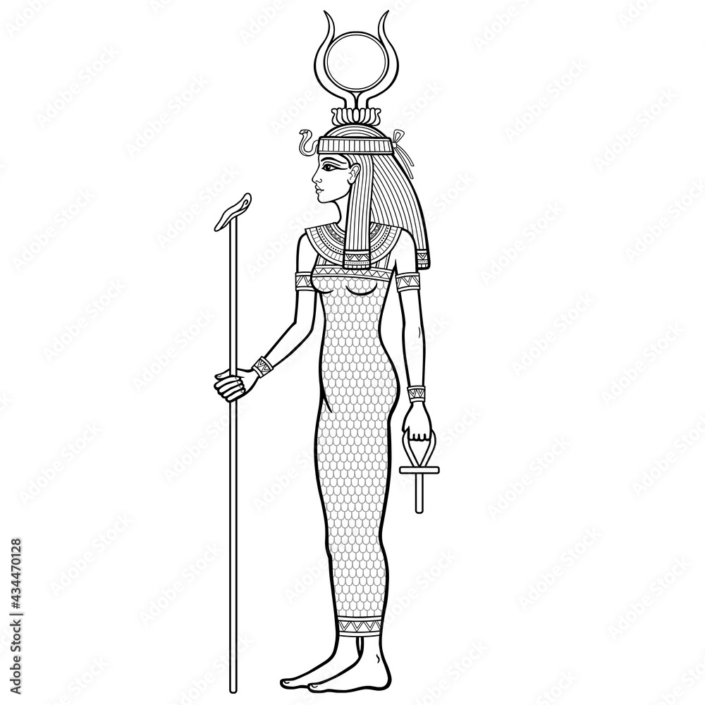 Animation linear portrait: Egyptian Goddess Isis holds symbols of power ...
