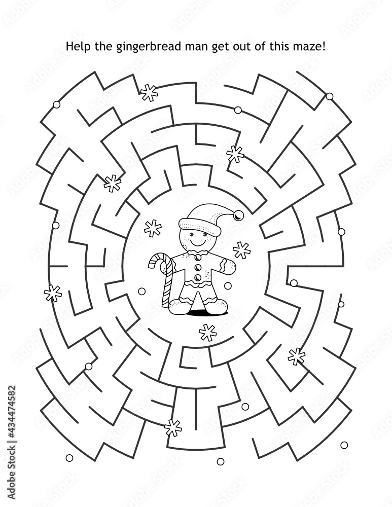 Vetor de Maze game and coloring page for kids: Help the gingerbread man ...