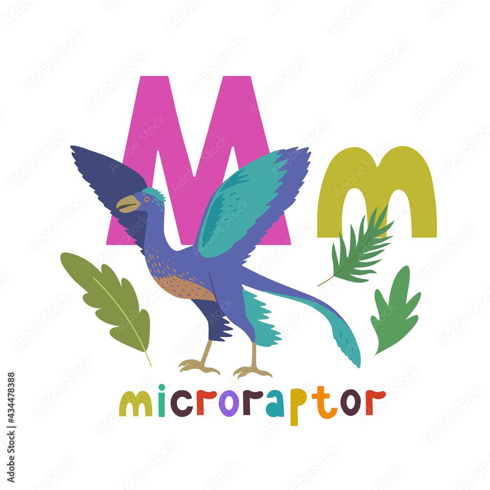 Microraptor. Cute cartoon hand drawn illustration with dinosaur and M ...
