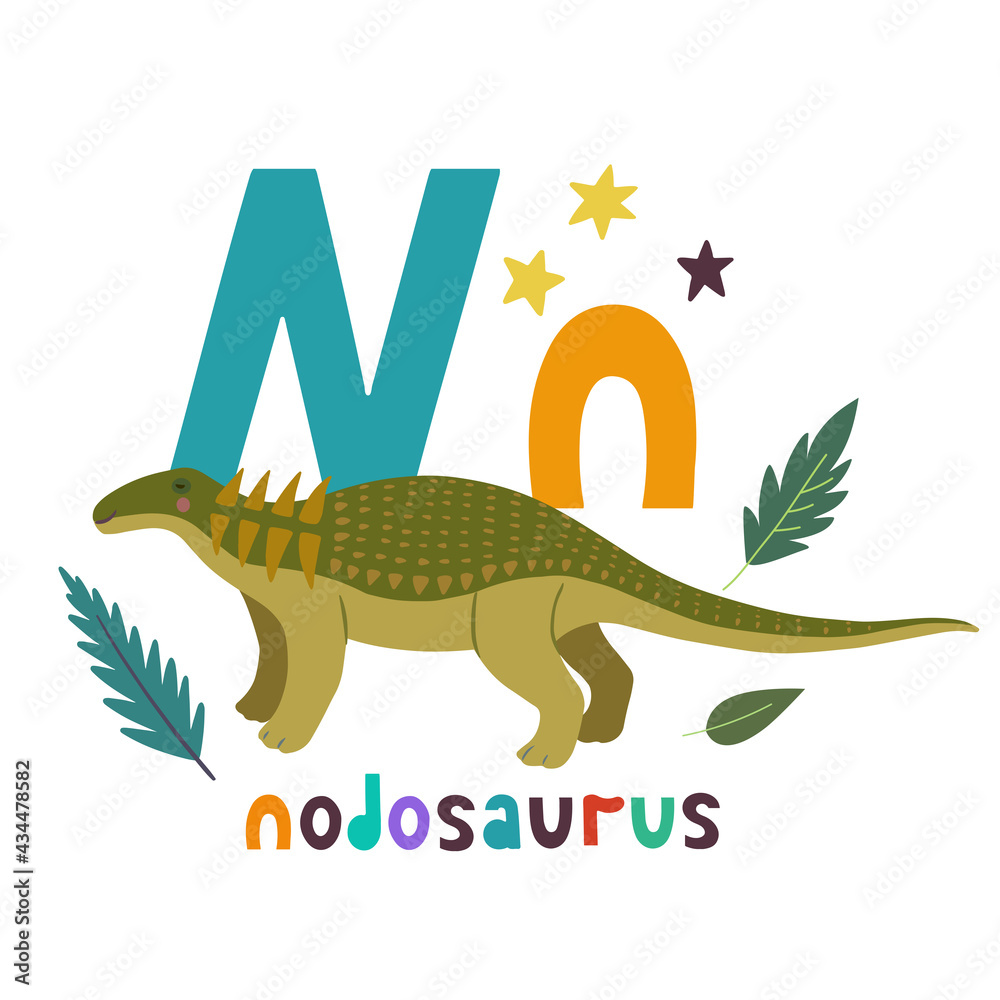 Nodosaurus. Cute cartoon hand drawn illustration with dinosaur and Q ...