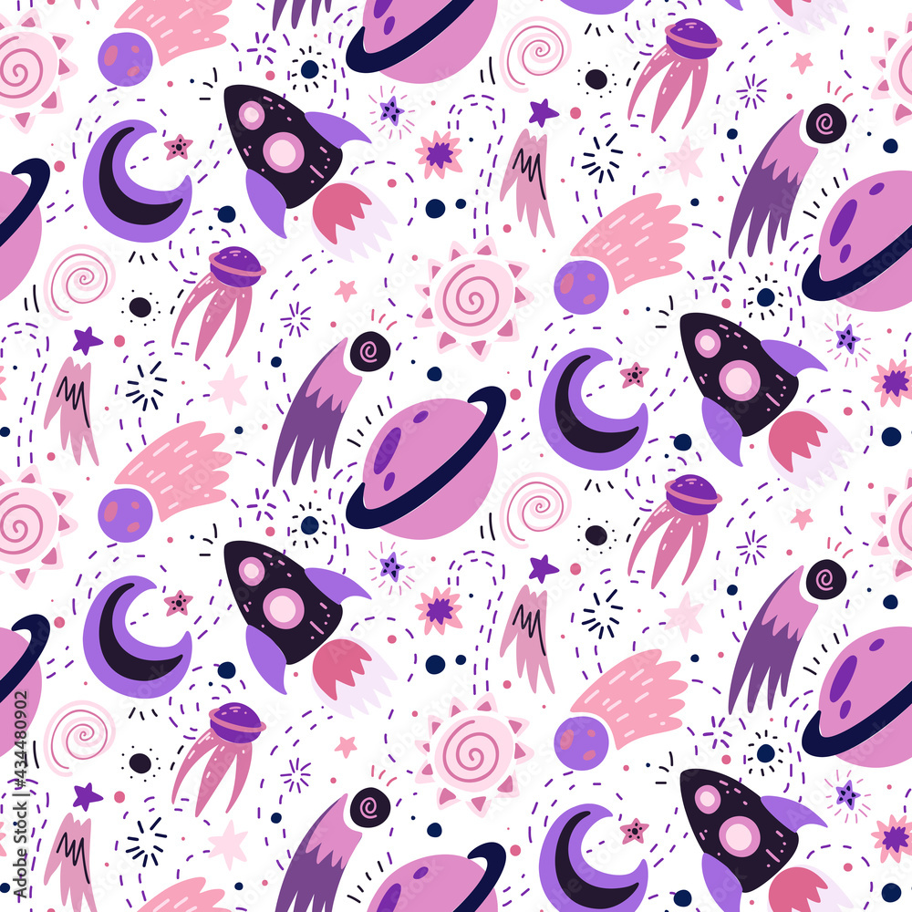 Seamless childish cosmos pattern with stars, moon, shuttle and ...