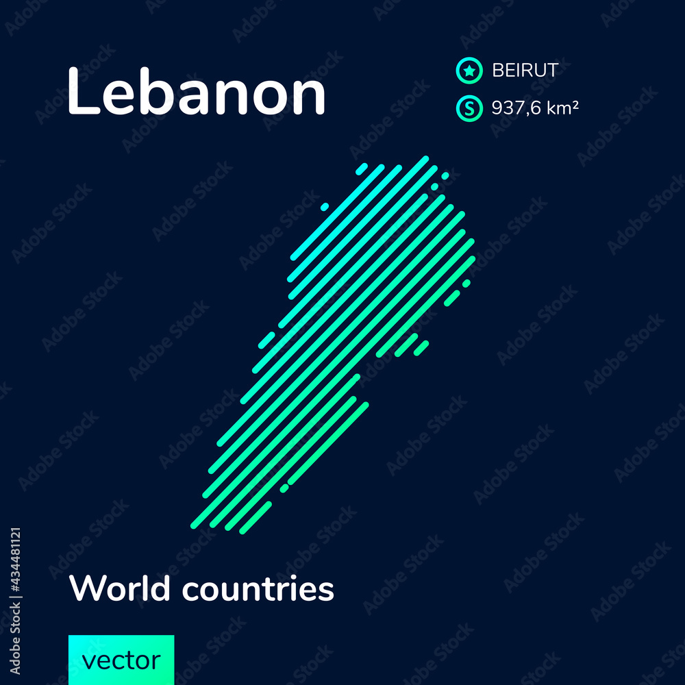 Vector creative digital neon flat line art abstract simple map of Lebanon with green, mint ...