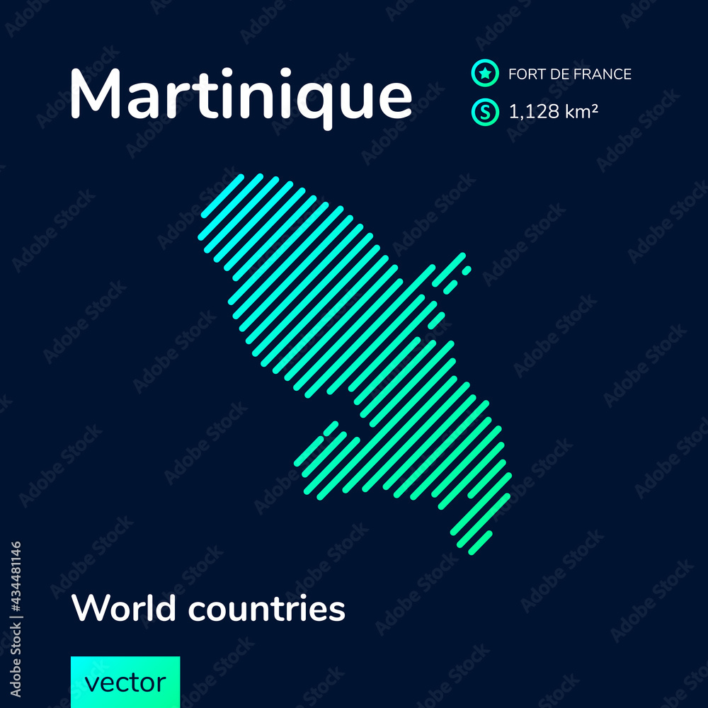 Vector creative digital neon flat line art abstract simple map of Martinique with green, mint ...
