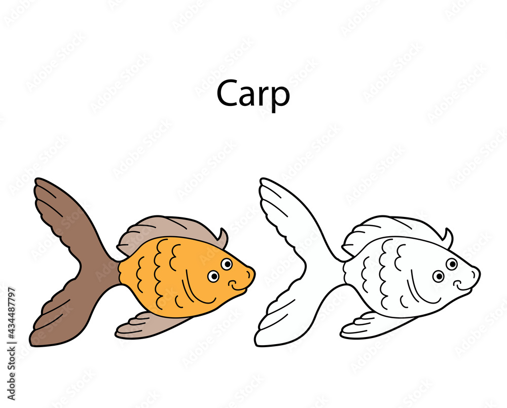 Funny cute fish carp isolated on white background. Linear, contour ...