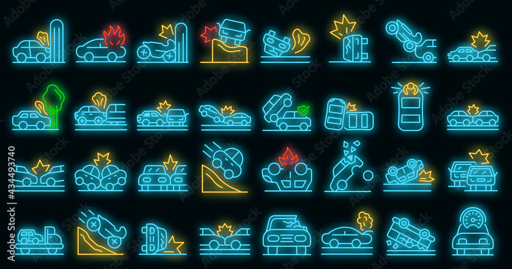 Car accident icons set. Outline set of car accident vector icons neon ...