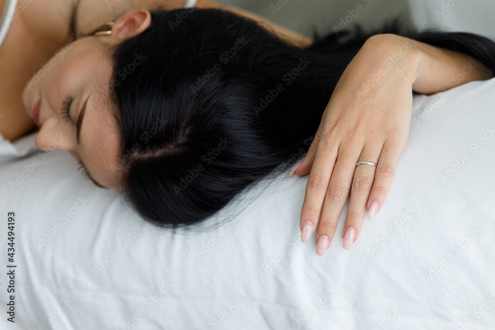 Exhausted young woman passed out sleeping in close up Stock Photo ...
