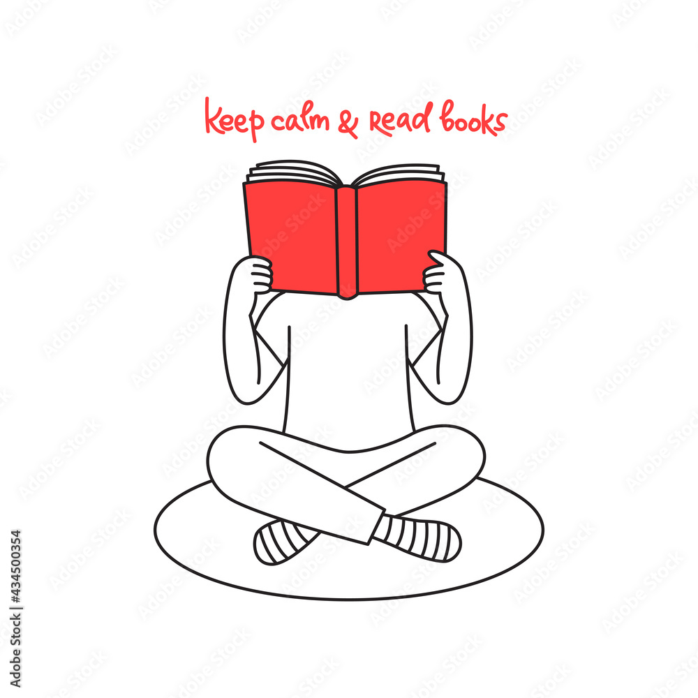 Cartoon man sitting in meditation pose and reading a book. Vector line ...