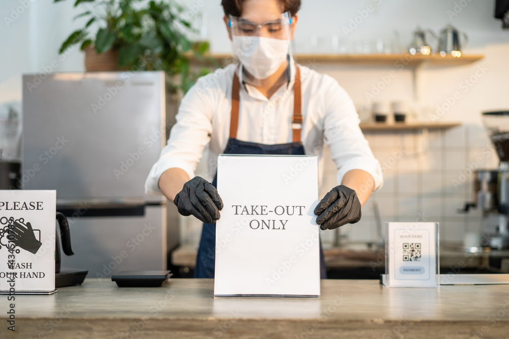 Asian cafe owner put Take Out Only announcement sign on counter bar ...