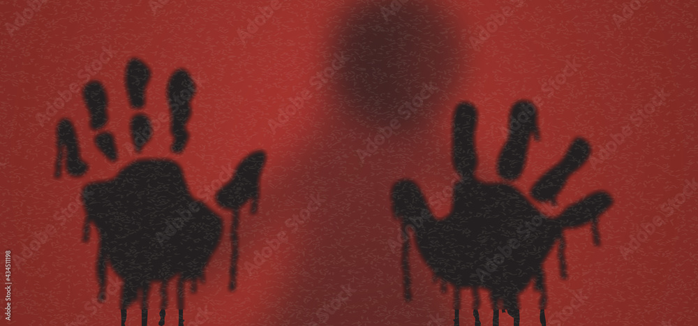 Bloody hands against the window. Bloody hand print. Dead, blood, horror ...
