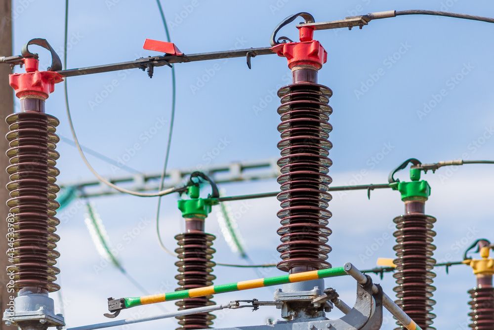 High voltage power transformer in substation.Front view to high-voltage ...