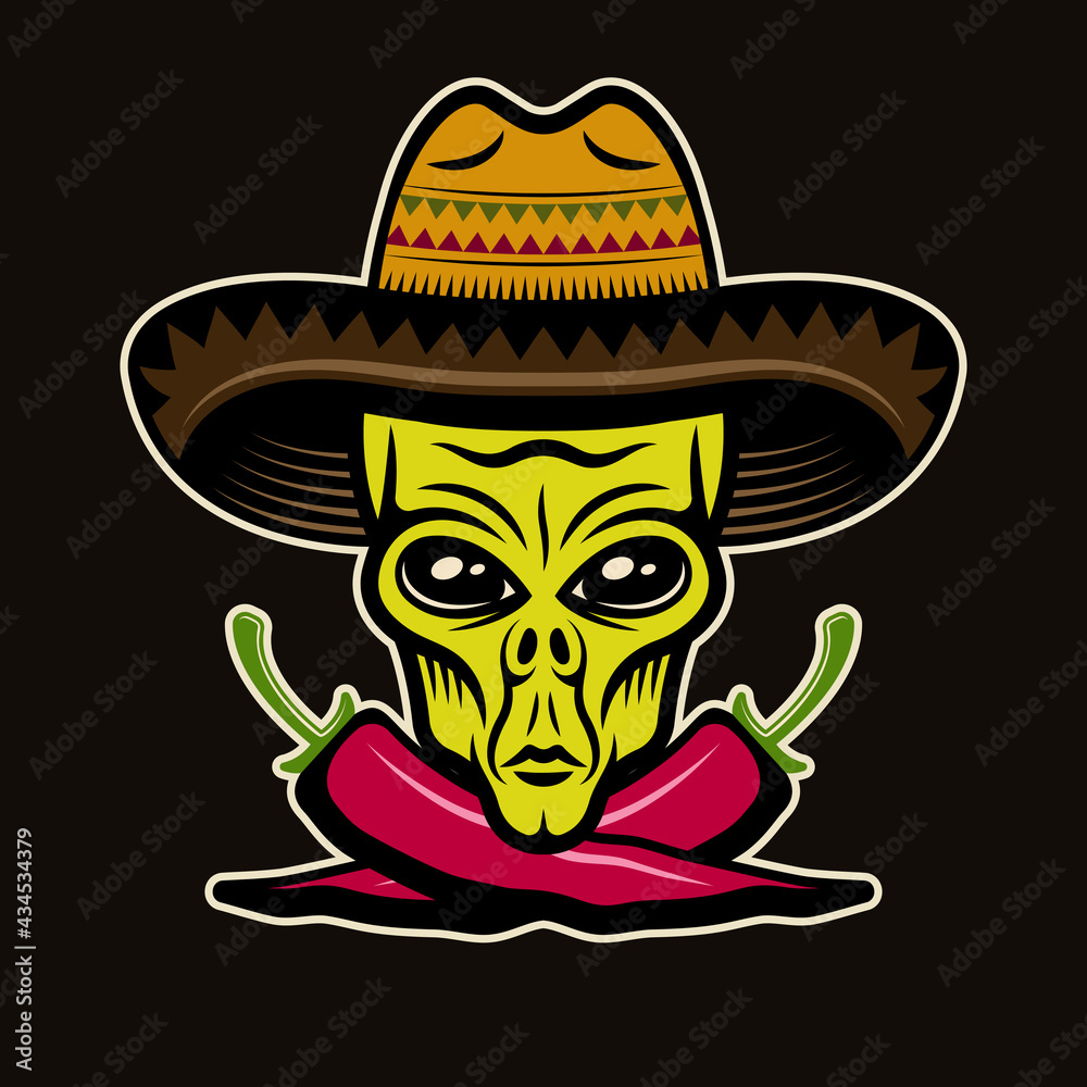 Alien head in sombrero and two crossed chili peppers vector ...