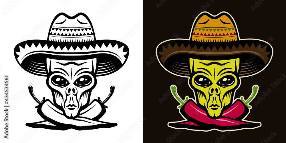 Alien head in sombrero and two crossed chili peppers vector ...