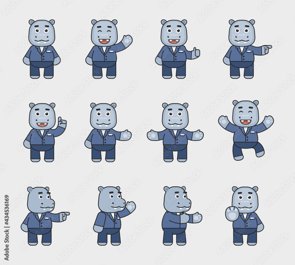 Cute hippo in suit mascot showing various hand gestures set. Cheerful ...