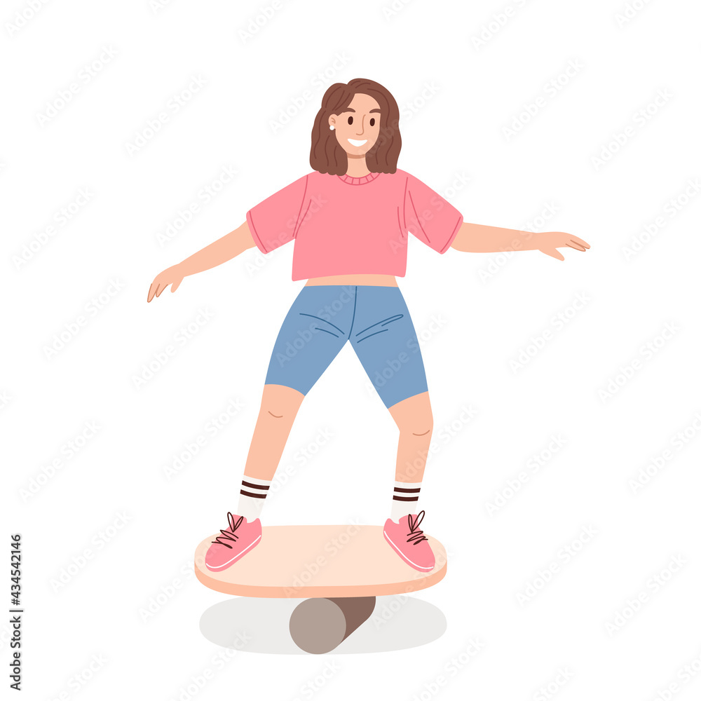 Young fit woman standing on balance board. Female character in ...