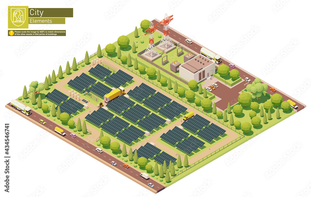 Vector isometric photovoltaic solar energy plant. Solar power plant ...