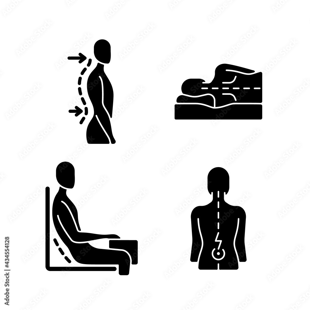 Postural dysfunction black glyph icons set on white space. Lumbar ...