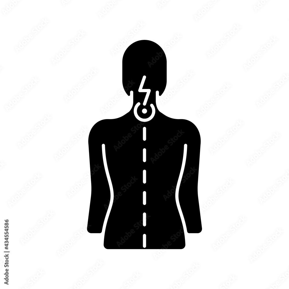 Neck pain black glyph icon. Nerve root compression. Cervical ...