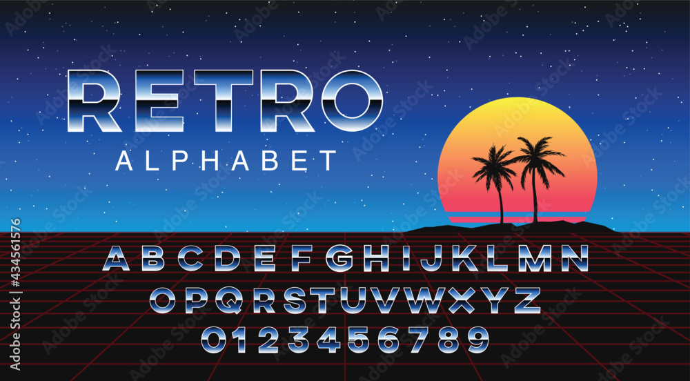 Futuristic retrowave font. Striped gradient metallic letters and ...