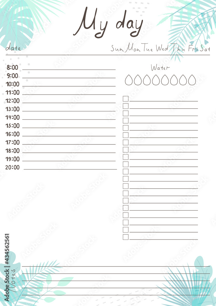 Printable A4 paper sheet with day planner blank to fill on background ...