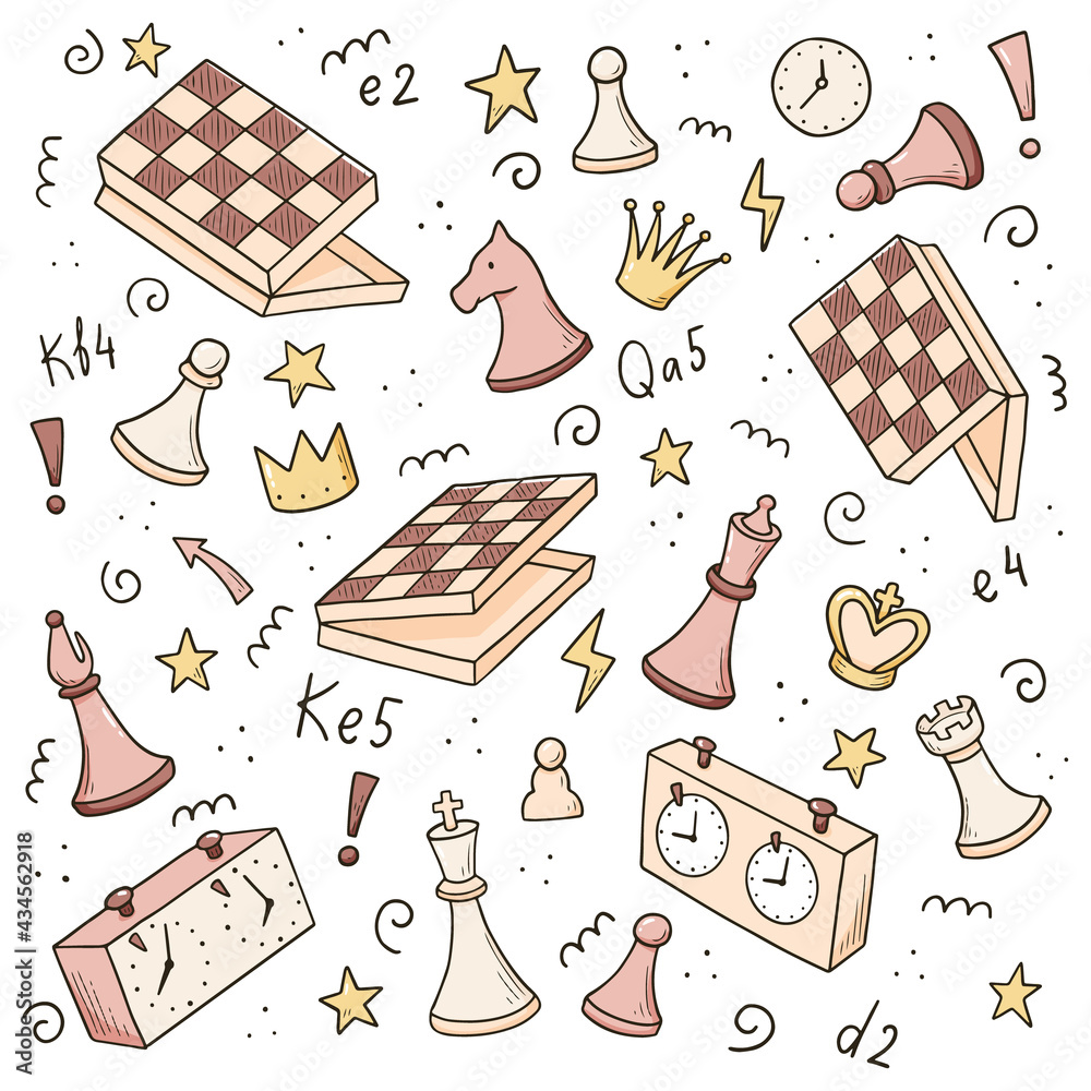 Hand drawn set of cartoon chess game elements. Doodle sketch style ...