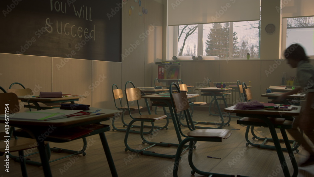 Students running in classroom for lesson. Multi ethnic pupils talking ...