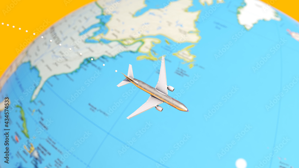 Plane Flying Around a Globe Map 3d illustration render Stock ...