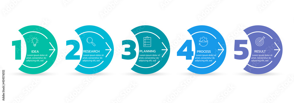 5 steps info graphic with arrow and outline icons. Business process ...