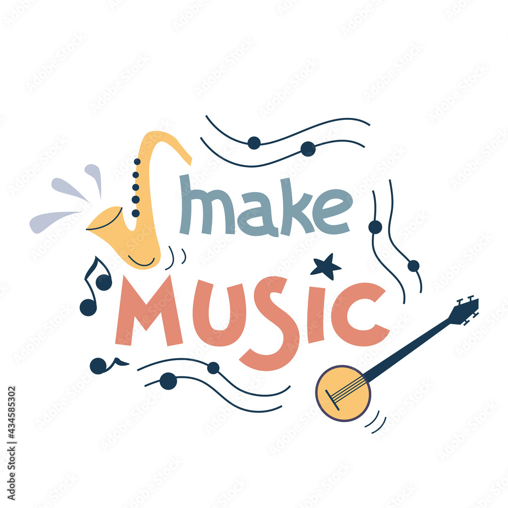 Vector lettering with musical instruments. Poster about music. Stock ...
