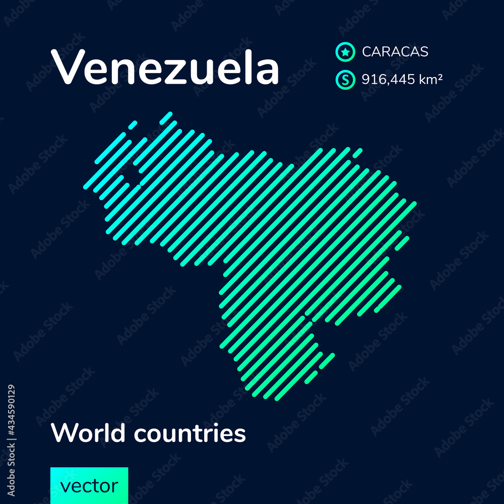Vector creative digital neon flat line art abstract simple map of Venezuela with green, mint ...