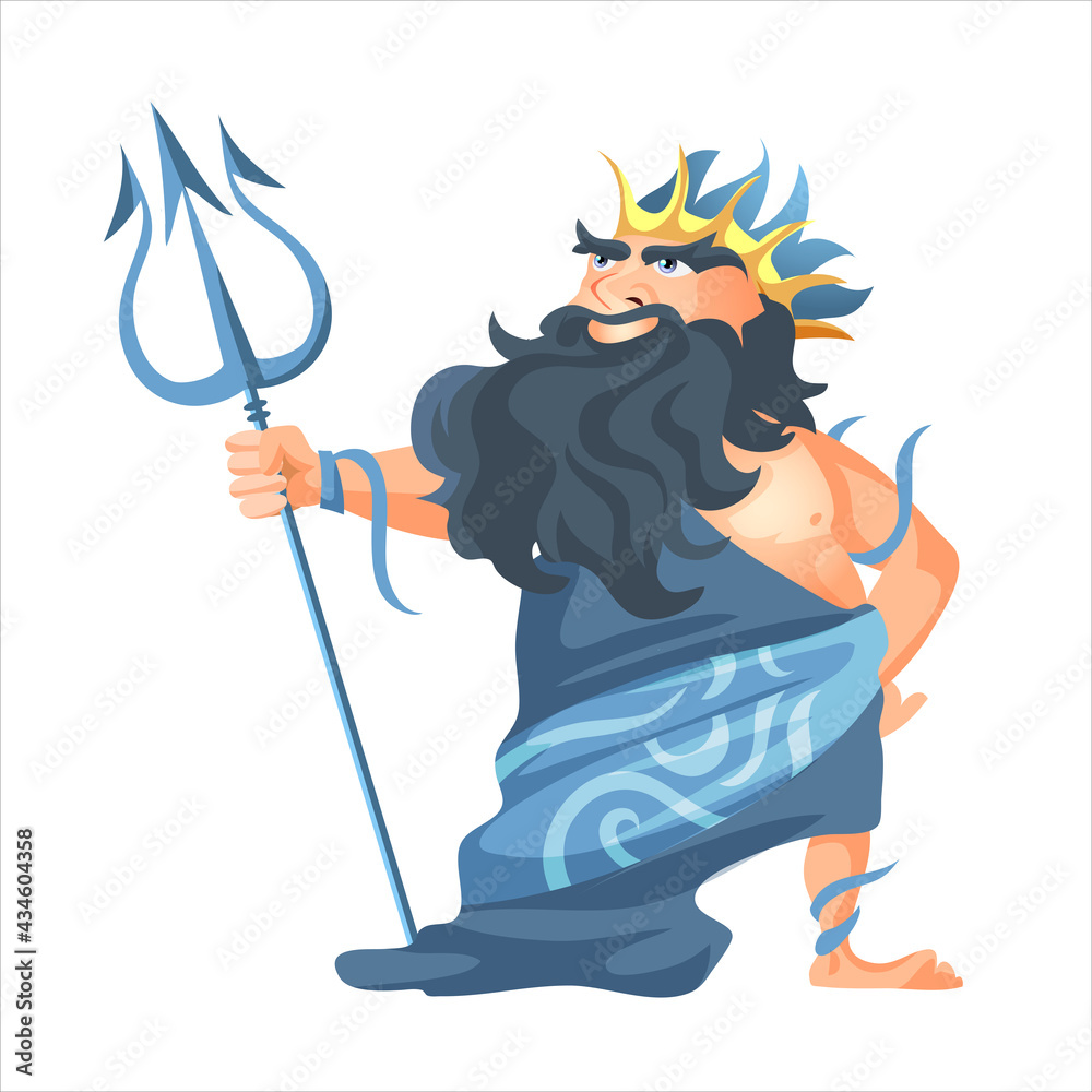 Ancient Greek god of sea and waters Poseidon, vector man in crown with ...