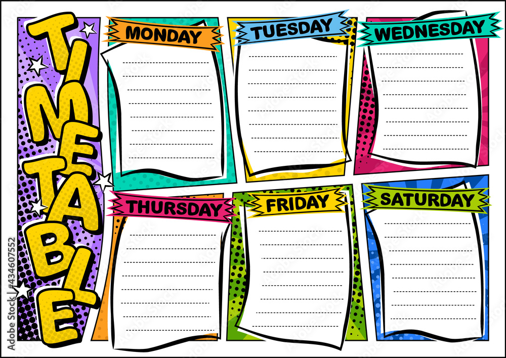 Comic template of a school schedule for 6 days of the week. Cartoon ...