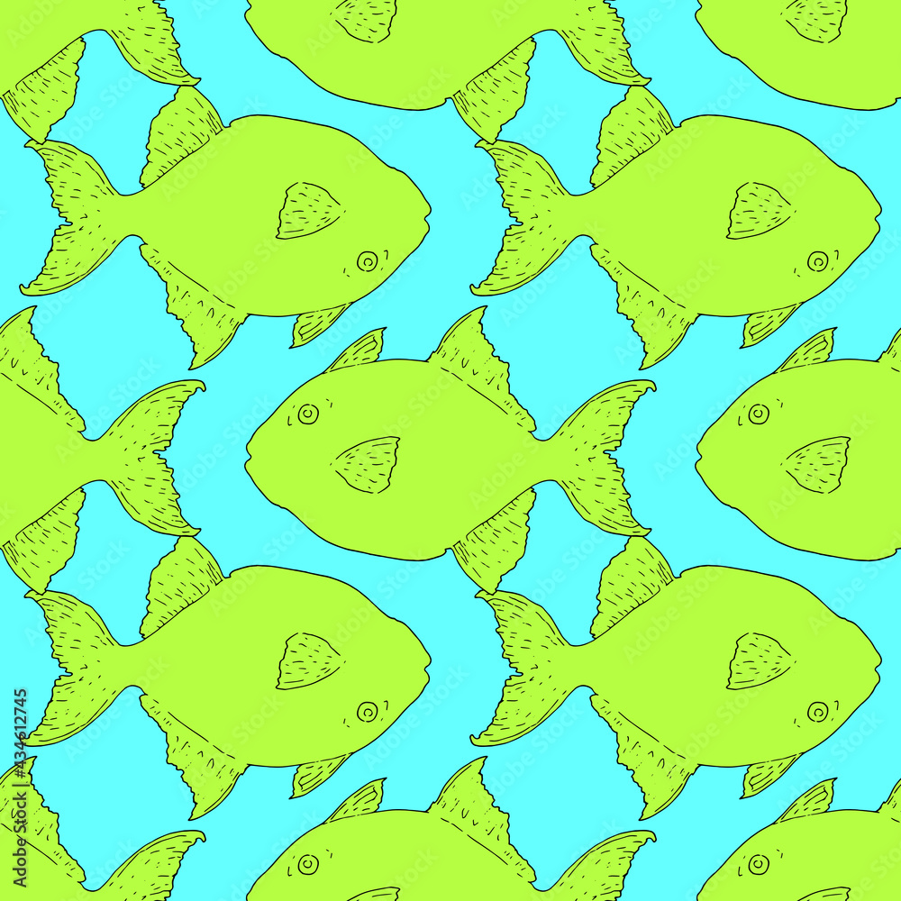 Vector seamless pattern of fish elements Greg triggerfish outline black ...