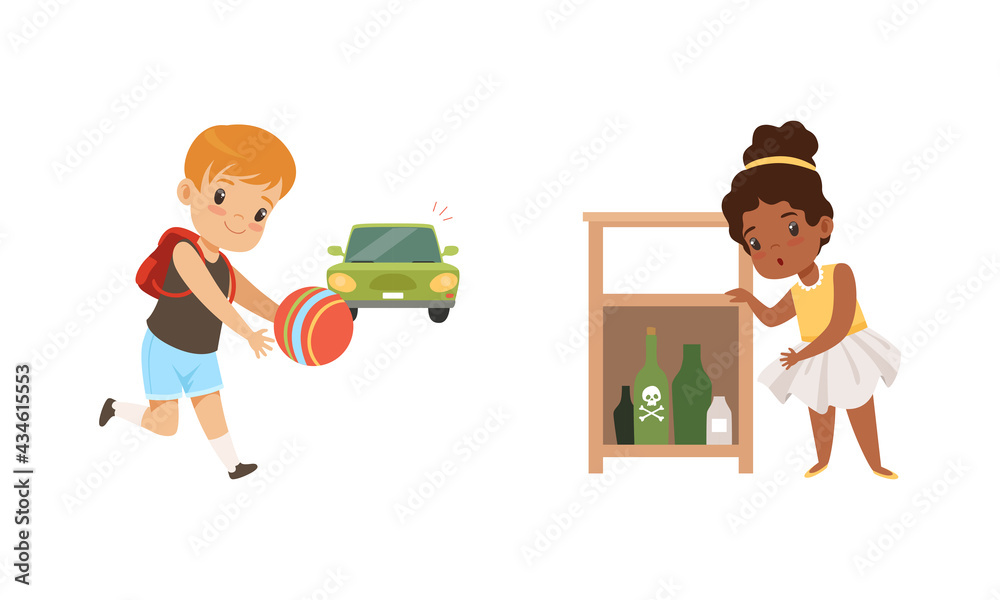 Kids in Dangerous Situations Set, Cute Girl Reaching for Hazardous ...