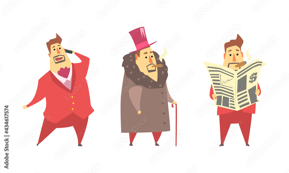 Funny Rich Millionaire Set, Fat Businessman Character Reading Newspaper ...