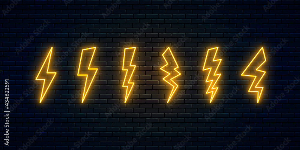 Six neon lightning bolt set. High-voltage thunderbolt neon symbols ...