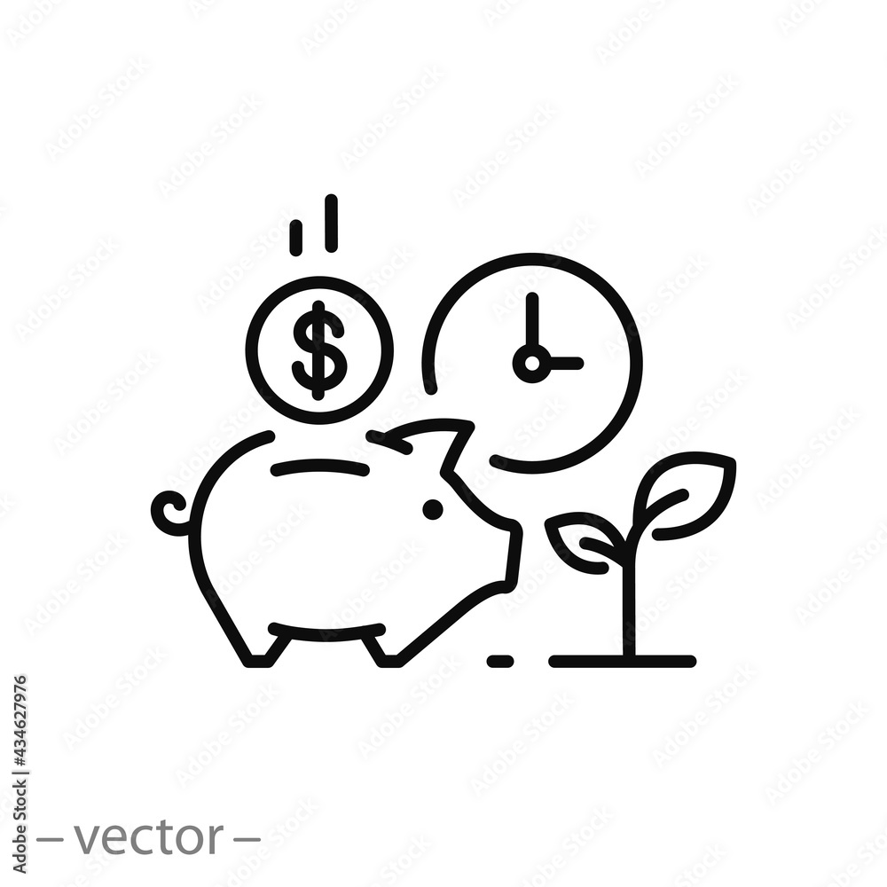 saving time and money, icon, piggy bank with clock, deposit income ...