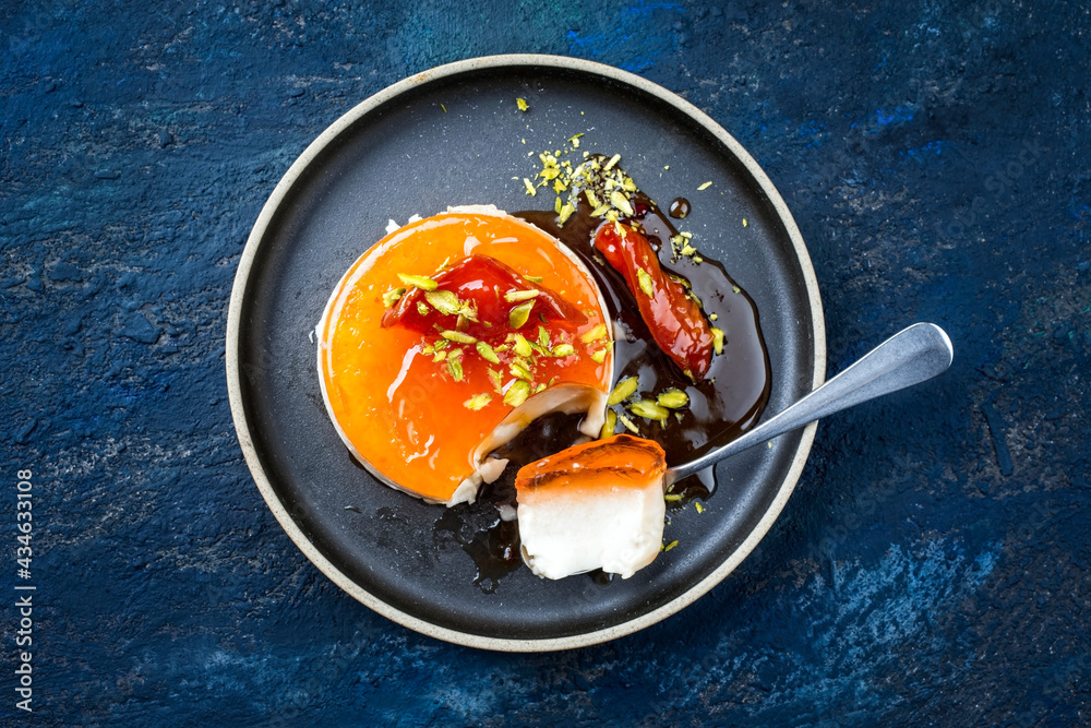 Modern style traditional blancmange almond pudding with quince moraba ...
