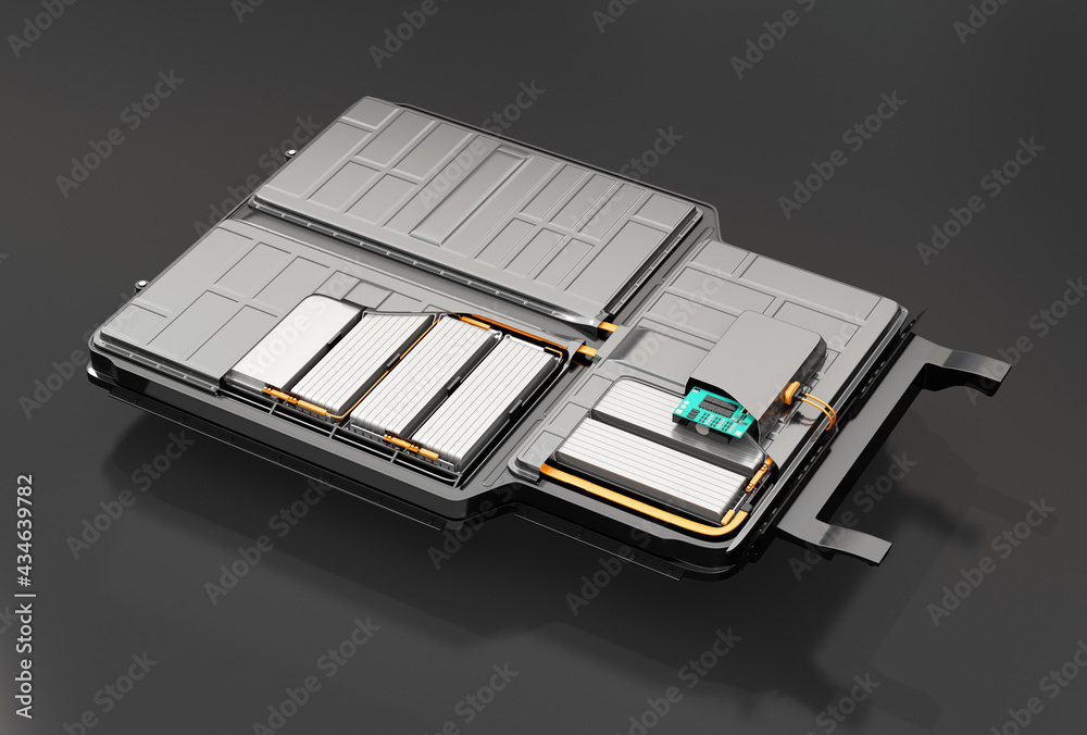 Cutaway view of electric vehicle battery pack on black background. 3D ...