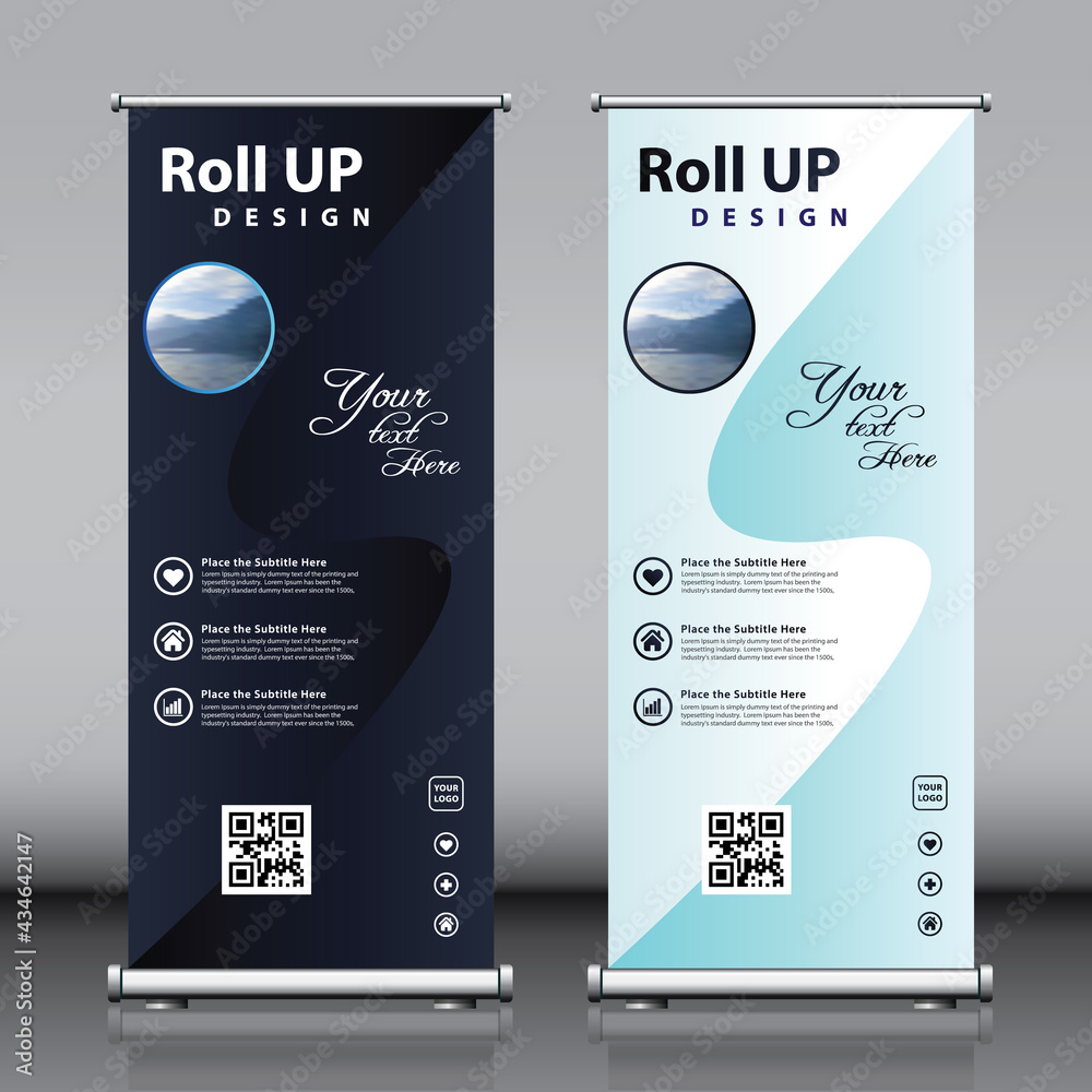 Vertical stand street roll up banner with image titles, descriptions ...